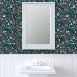 Spoonflower Night Moon Meadow Fireflies Magical Custom Pre-pasted Wallpaper