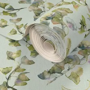 Spoonflower Ginkgo Aura 100% Natural Sisal Grasscloth Wallcovering - Green,beige