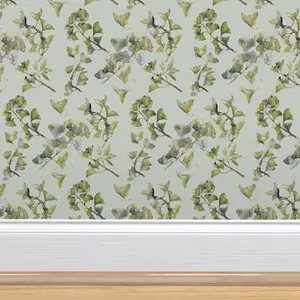 Spoonflower Ginkgo Aura 100% Natural Sisal Grasscloth Wallcovering - Green,beige