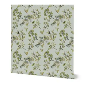 Spoonflower Ginkgo Aura 100% Natural Sisal Grasscloth Wallcovering - Green,beige