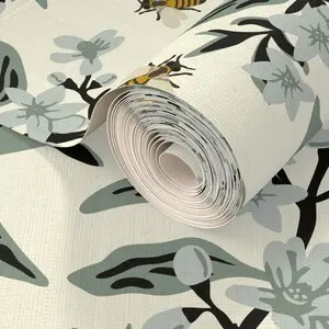 Spoonflower Flowers & Bees Blue On Cream 100% Natural Sisal Grasscloth Wallcovering - Gray,black
