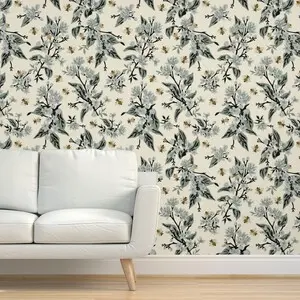 Spoonflower Flowers & Bees Blue On Cream 100% Natural Sisal Grasscloth Wallcovering - Gray,black