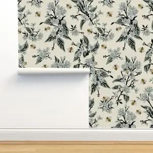 Spoonflower Flowers & Bees Blue On Cream 100% Natural Sisal Grasscloth Wallcovering - Gray,black