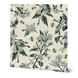 Spoonflower Flowers & Bees Blue On Cream 100% Natural Sisal Grasscloth Wallcovering - Gray,black