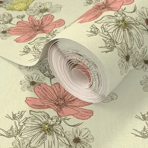 Spoonflower Neutral Floral Pink 100% Natural Sisal Grasscloth Wallcovering - Beige,brown
