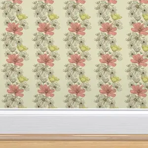 Spoonflower Neutral Floral Pink 100% Natural Sisal Grasscloth Wallcovering
