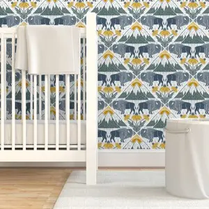 Spoonflower Bison Western Floral Blue Mountains Prairie Custom Pre-pasted Wallpaper - Yellow
