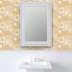 Spoonflower Retro Hippy Floral Flowers Flower Power Custom Pre-pasted Wallpaper - Yellow