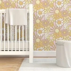 Spoonflower Retro Hippy Floral Flowers Flower Power Custom Pre-pasted Wallpaper - Yellow