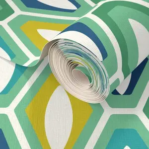 Spoonflower Lanterns With Yellow Mcm Large 100% Natural Sisal Grasscloth Wallcovering - Mint,white,yellow