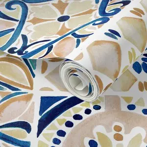 Spoonflower Geometric Watercolor Painting Italy Rustic Custom Pre-pasted Wallpaper - Blue