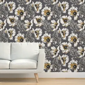 Spoonflower Grey Floral Print 100% Natural Sisal Grasscloth Wallcovering