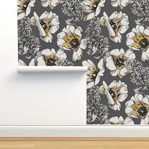 Spoonflower Grey Floral Print 100% Natural Sisal Grasscloth Wallcovering