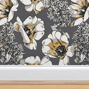 Spoonflower Grey Floral Print 100% Natural Sisal Grasscloth Wallcovering