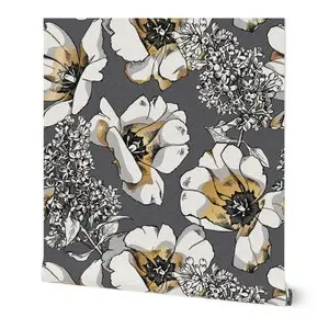 Spoonflower Grey Floral Print 100% Natural Sisal Grasscloth Wallcovering