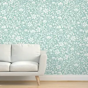 Spoonflower Floral Green Tree Whimsical Plant Dragonflies Custom Pre-pasted Wallpaper - Mint