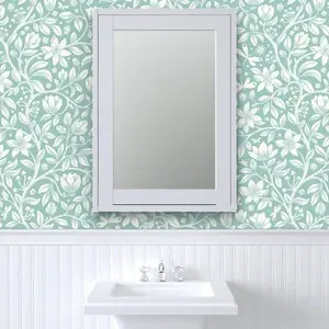 Spoonflower Floral Green Tree Whimsical Plant Dragonflies Custom Pre-pasted Wallpaper - Mint
