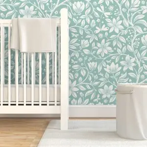 Spoonflower Floral Green Tree Whimsical Plant Dragonflies Custom Pre-pasted Wallpaper - Mint