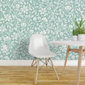 Spoonflower Floral Green Tree Whimsical Plant Dragonflies Custom Pre-pasted Wallpaper - Mint