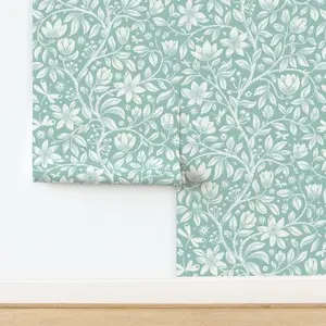 Spoonflower Floral Green Tree Whimsical Plant Dragonflies Custom Pre-pasted Wallpaper - Mint