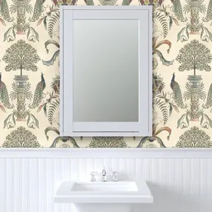 Spoonflower Peacock Classical Italian Olives Fresco Custom Pre-pasted Wallpaper - Beige