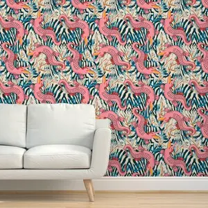 Spoonflower Dragon Maximalist Tropical Summer Large 100% Natural Sisal Grasscloth Wallcovering