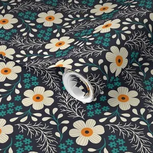 Spoonflower Blue Leaves Hand Drawn Garden Daisy Ditsy Meadow Custom Pre-pasted Wallpaper Blue