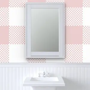 Spoonflower Gingham Blush French Country Plaid Checkered Custom Pre-pasted Wallpaper - Pink