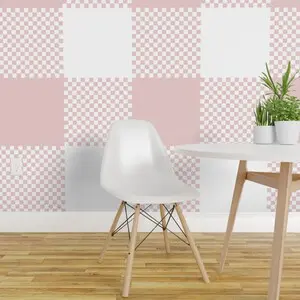 Spoonflower Gingham Blush French Country Plaid Checkered Custom Pre-pasted Wallpaper - Pink