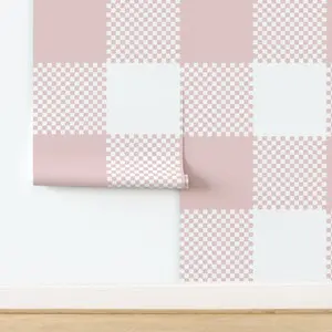 Spoonflower Gingham Blush French Country Plaid Checkered Custom Pre-pasted Wallpaper - Pink