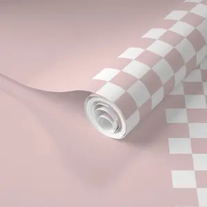 Spoonflower Gingham Blush French Country Plaid Checkered Custom Pre-pasted Wallpaper - Pink