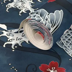 Spoonflower Koi And Sakura Blossom In Blue 100% Natural Sisal Grasscloth Wallcovering - Blue,red