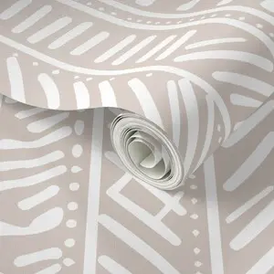 Spoonflower Modern Boho Mudcloth Lines Geometric Custom Pre-pasted Wallpaper - Beige