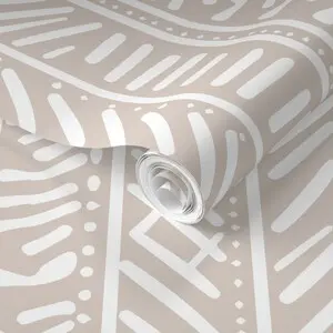 Spoonflower Modern Boho Mudcloth Lines Geometric Custom Pre-pasted Wallpaper - Beige