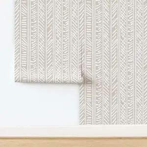 Spoonflower Modern Boho Mudcloth Lines Geometric Custom Pre-pasted Wallpaper - Beige