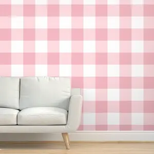 Spoonflower Retro Gingham Check Fun Groovy 90 S Tickled Custom Pre-pasted Wallpaper - Pink