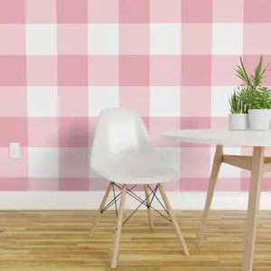 Spoonflower Retro Gingham Check Fun Groovy 90 S Tickled Custom Pre-pasted Wallpaper - Pink
