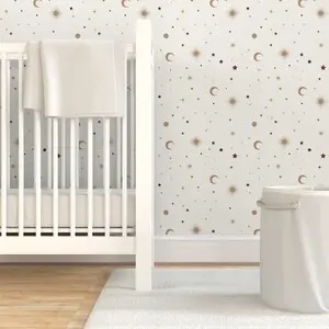 Spoonflower Cream Stars Sky Constellations Space Moon Boho Custom Pre-pasted Wallpaper - White