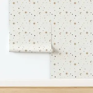 Spoonflower Cream Stars Sky Constellations Space Moon Boho Custom Pre-pasted Wallpaper - White