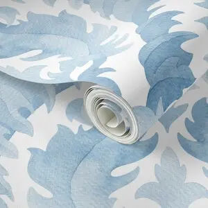 Spoonflower Watercolor Damask Botanical Floral Light Custom Pre-pasted Wallpaper - Blue