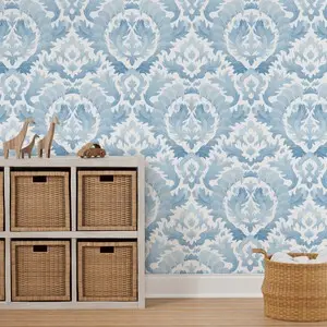 Spoonflower Watercolor Damask Botanical Floral Light Custom Pre-pasted Wallpaper