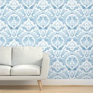 Spoonflower Watercolor Damask Botanical Floral Light Custom Pre-pasted Wallpaper - Blue