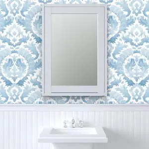 Spoonflower Watercolor Damask Botanical Floral Light Custom Pre-pasted Wallpaper - Blue