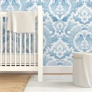 Spoonflower Watercolor Damask Botanical Floral Light Custom Pre-pasted Wallpaper - Blue