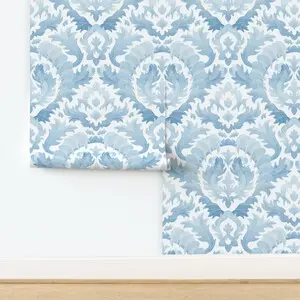 Spoonflower Watercolor Damask Botanical Floral Light Custom Pre-pasted Wallpaper - Blue
