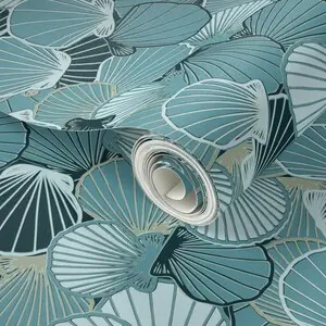Spoonflower Seashells Ocean Mollusks Beach Coastal Shell Custom Pre-pasted Wallpaper - Blue