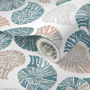 Spoonflower Coastal Shells Beach Terra Cotta Seashells Custom Pre-pasted Wallpaper - Blue