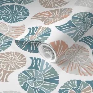 Spoonflower Coastal Shells Beach Terra Cotta Seashells Custom Pre-pasted Wallpaper - Blue