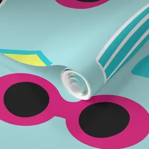 Spoonflower Retro Colorful Beach Groovy Pale Sunglasses Printed Removable Wallpaper Blue