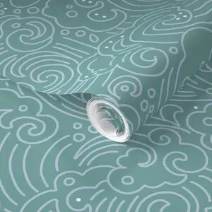 Spoonflower Waves Clouds Beach Coastal Teal Ocean Pop Art Custom Pre-pasted Wallpaper